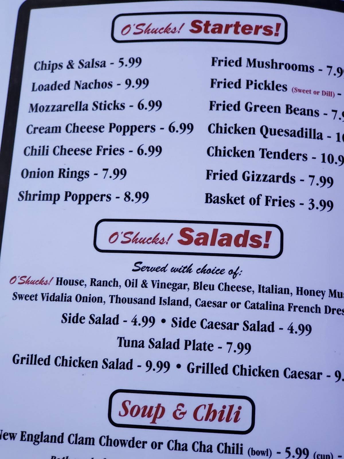 Menu at O'Shucks Oyster Bar & Grill, Wildwood