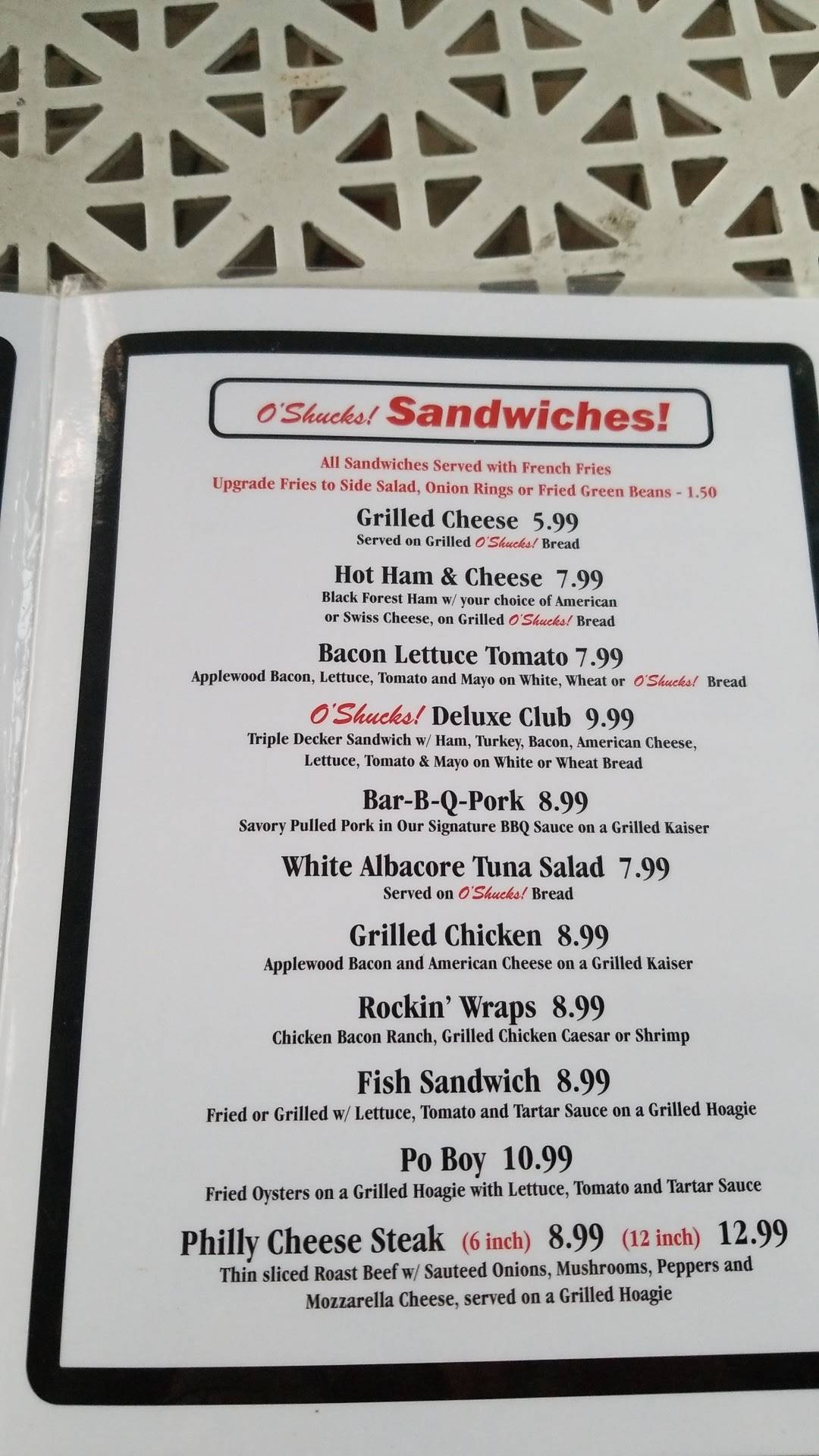 Menu at O'Shucks Oyster Bar & Grill, Wildwood