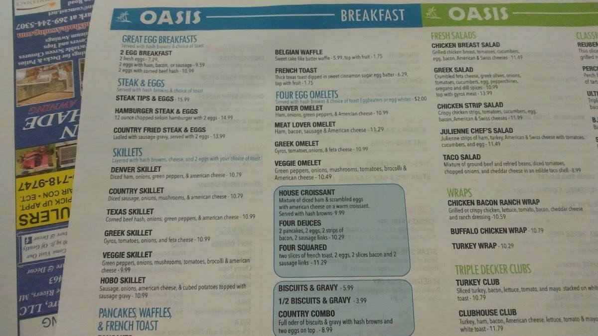Menu at Oasis Restaurant, Three Rivers, 656 US-131