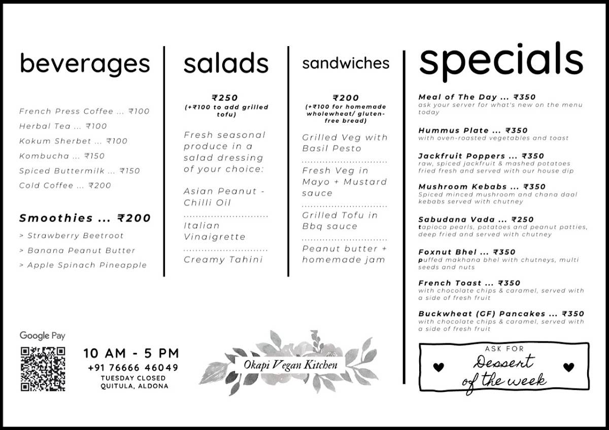 Menu at Okapi Vegan Kitchen, India