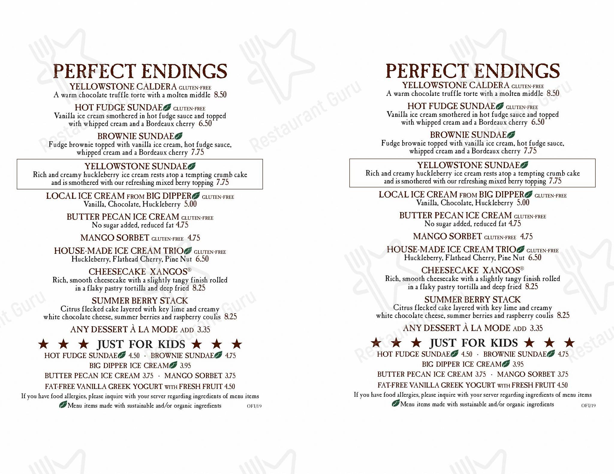 Menu at Old Faithful Inn Dining Room restaurant, USA, Old Faithful Rd
