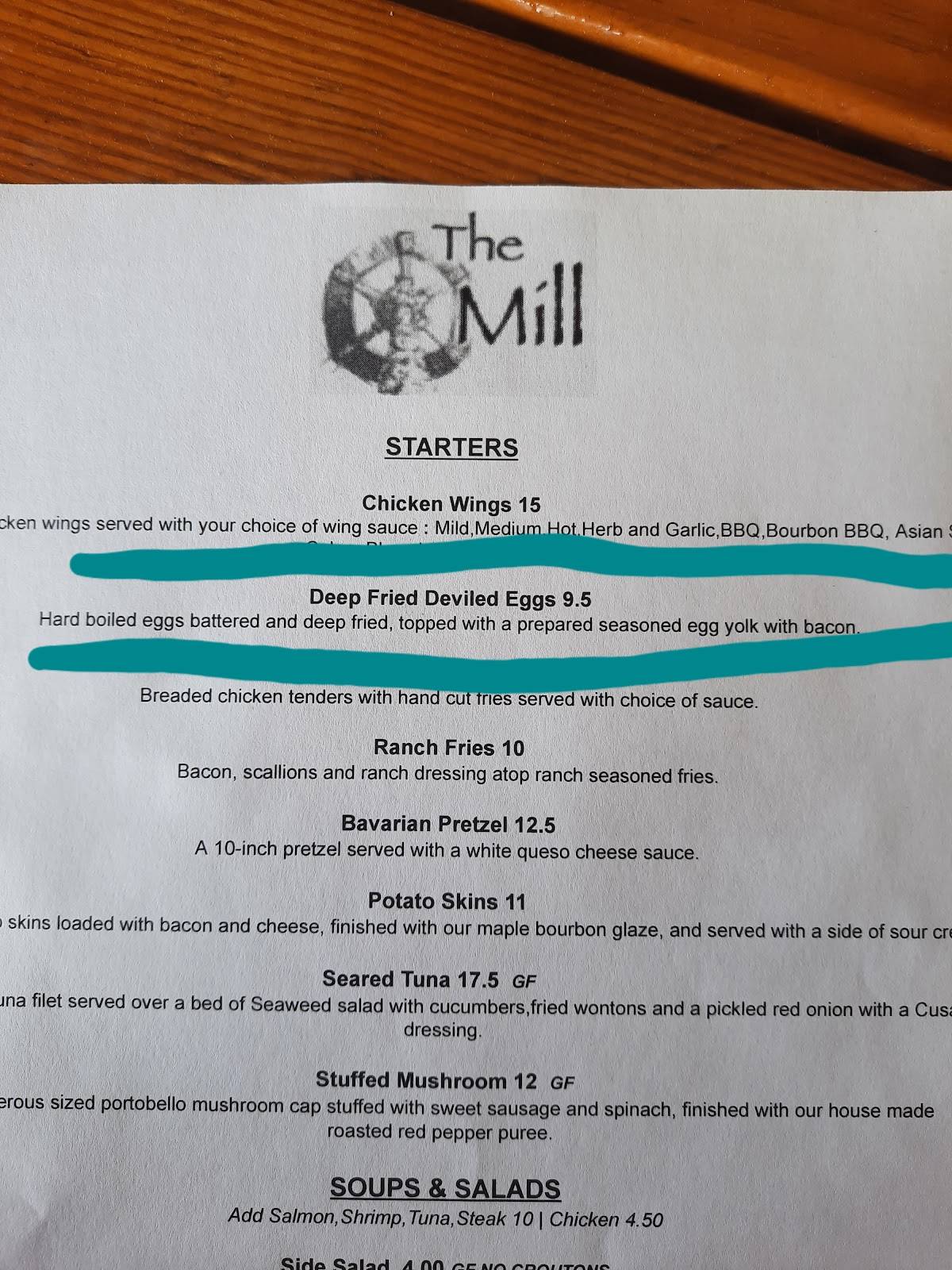 Menu at The Mill restaurant, Old Forge