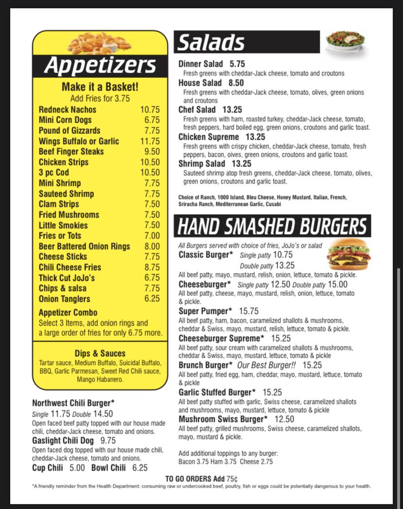 Menu at Old Town Pump Saloon pub & bar, Union Gap
