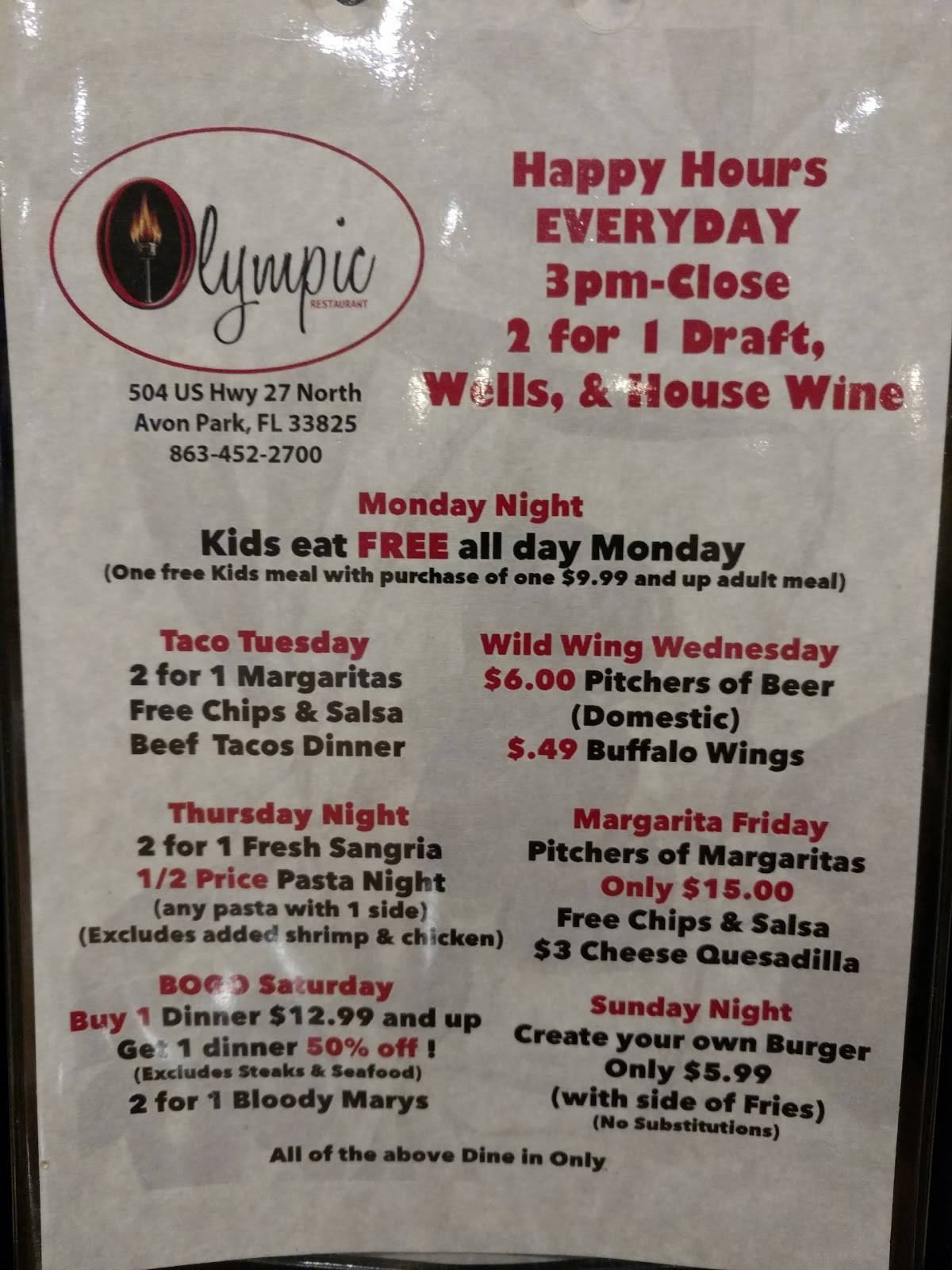 Menu at Olympic Restaurant, Avon Park