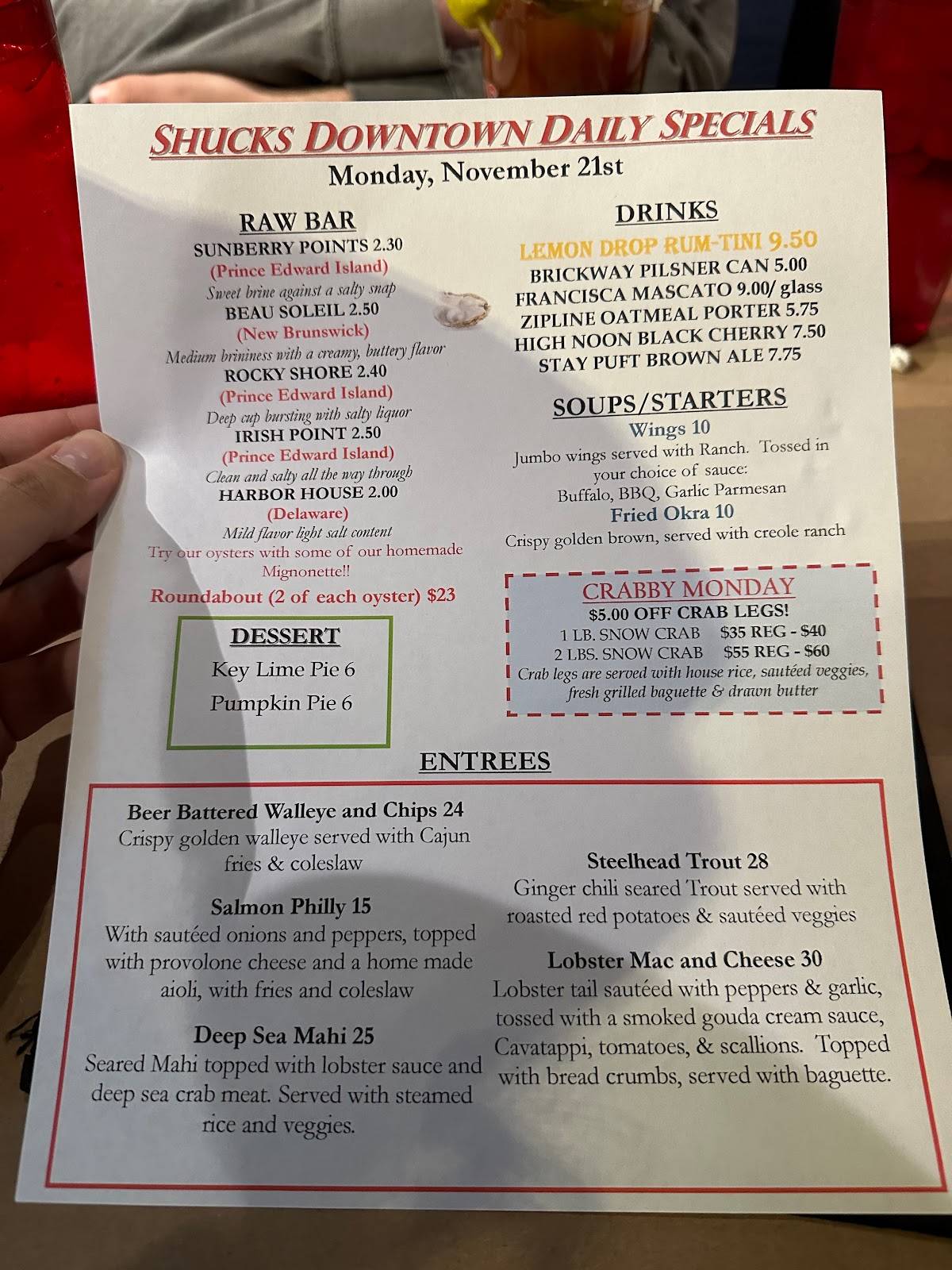 Menu at Shucks Fish House & Oyster Bar, Omaha, Leavenworth St