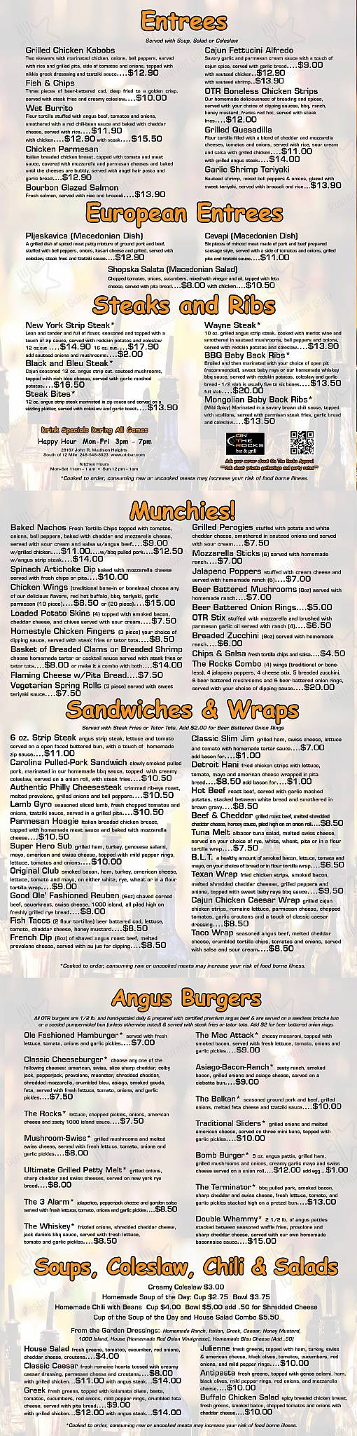 Menu at On the Rocks Bar & Grill, Madison Heights