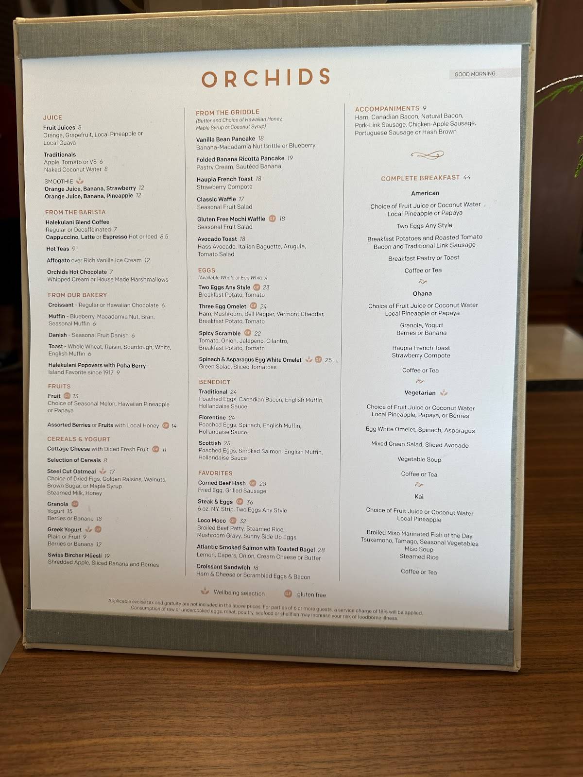 Menu at Orchids restaurant, Honolulu