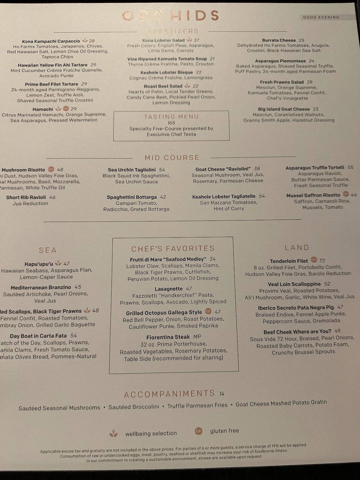 Menu at Orchids restaurant, Honolulu
