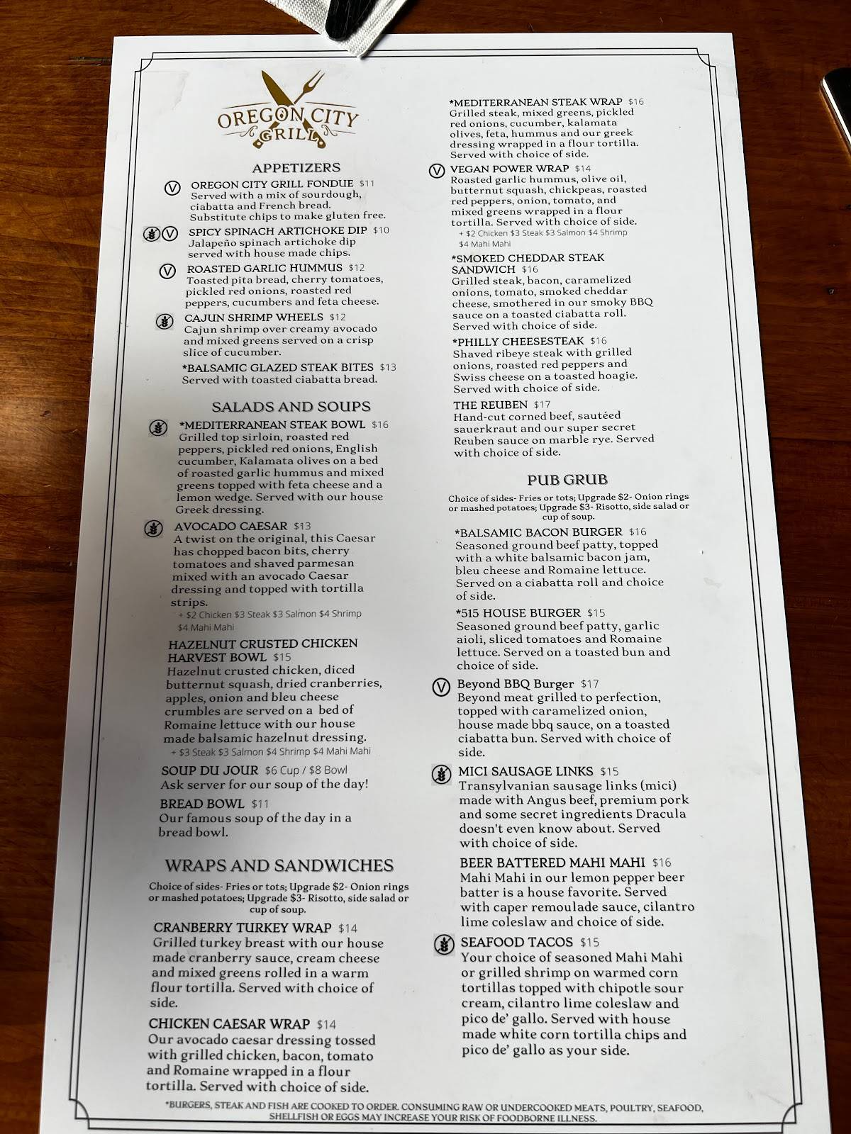 Menu at Oregon City Grill restaurant, Oregon City