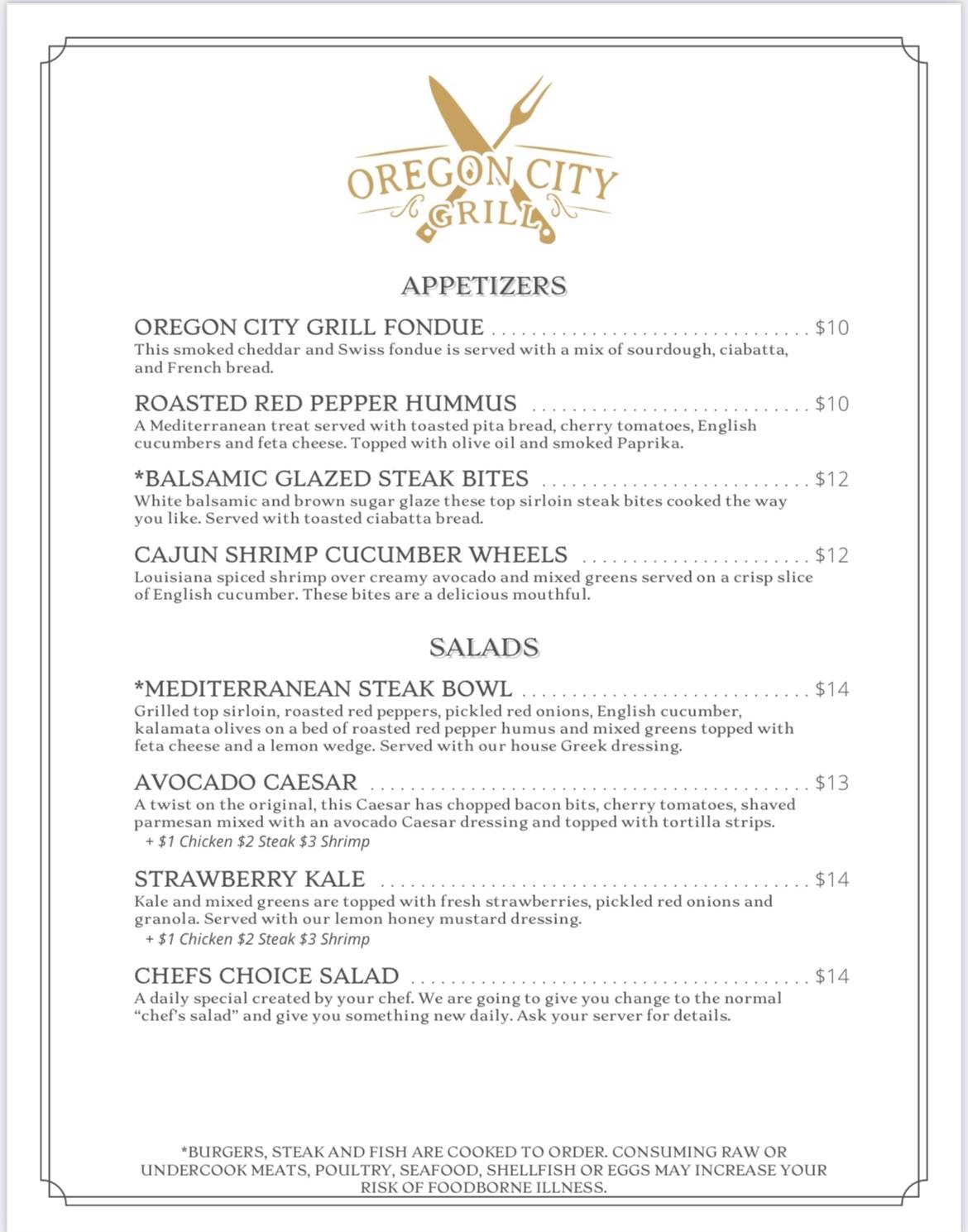 Menu at Oregon City Grill restaurant, Oregon City