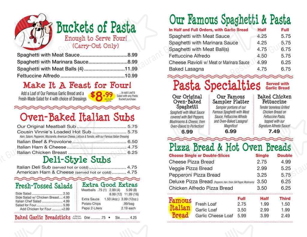 Menu at The Original Spaghetti & Sub House restaurant, Terre Haute
