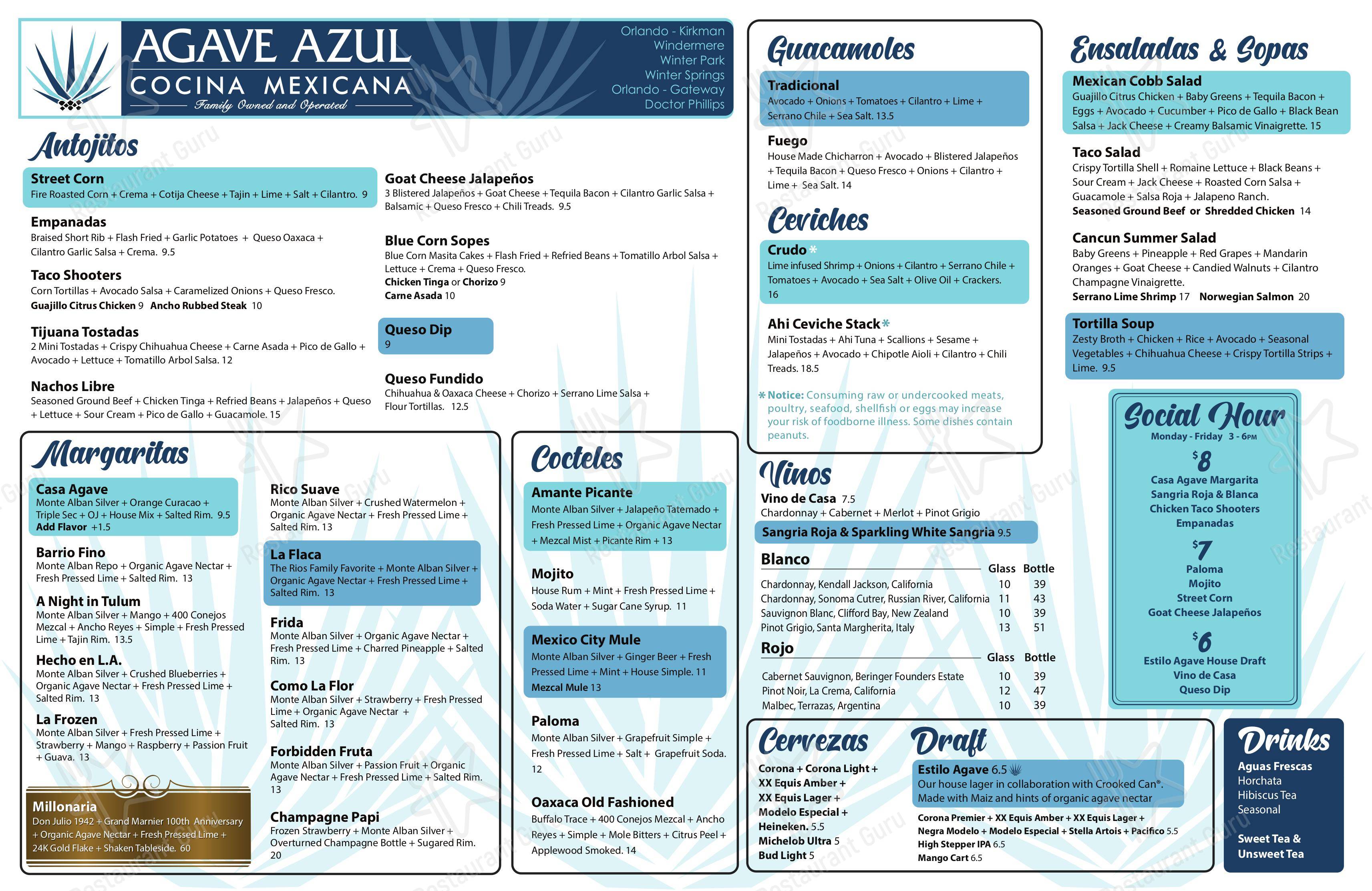 Menu at Agave Azul Kirkman restaurant, Orlando