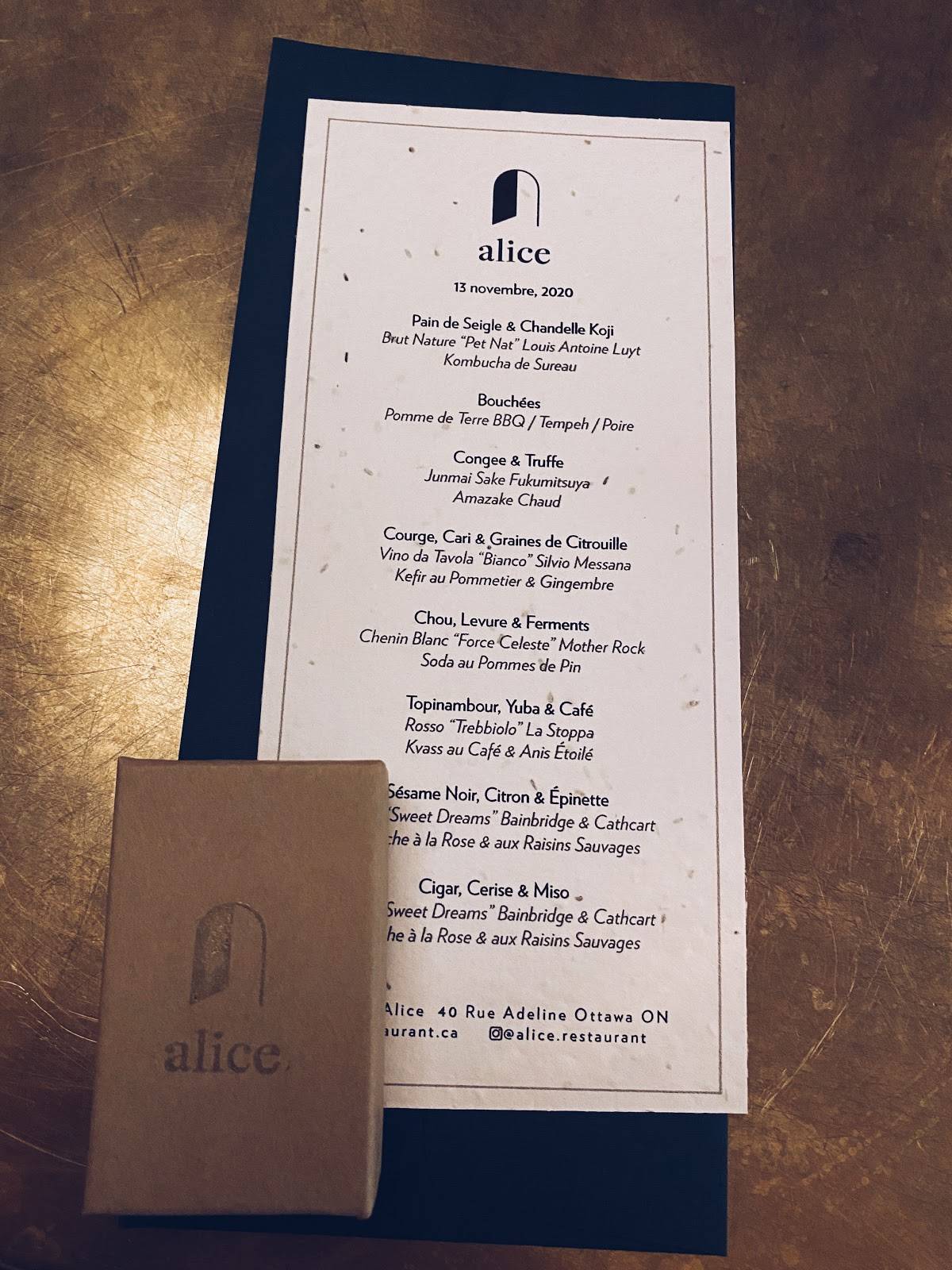 Menu at Alice restaurant, Ottawa