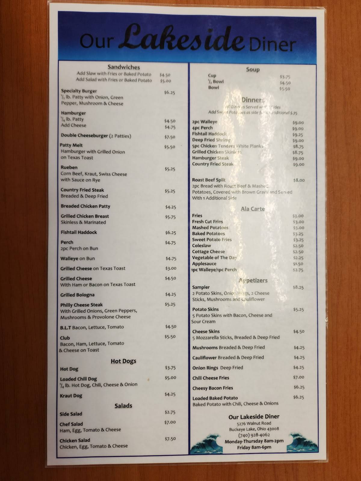 Menu at Our Lakeside Diner restaurant, Buckeye Lake, Walnut Rd