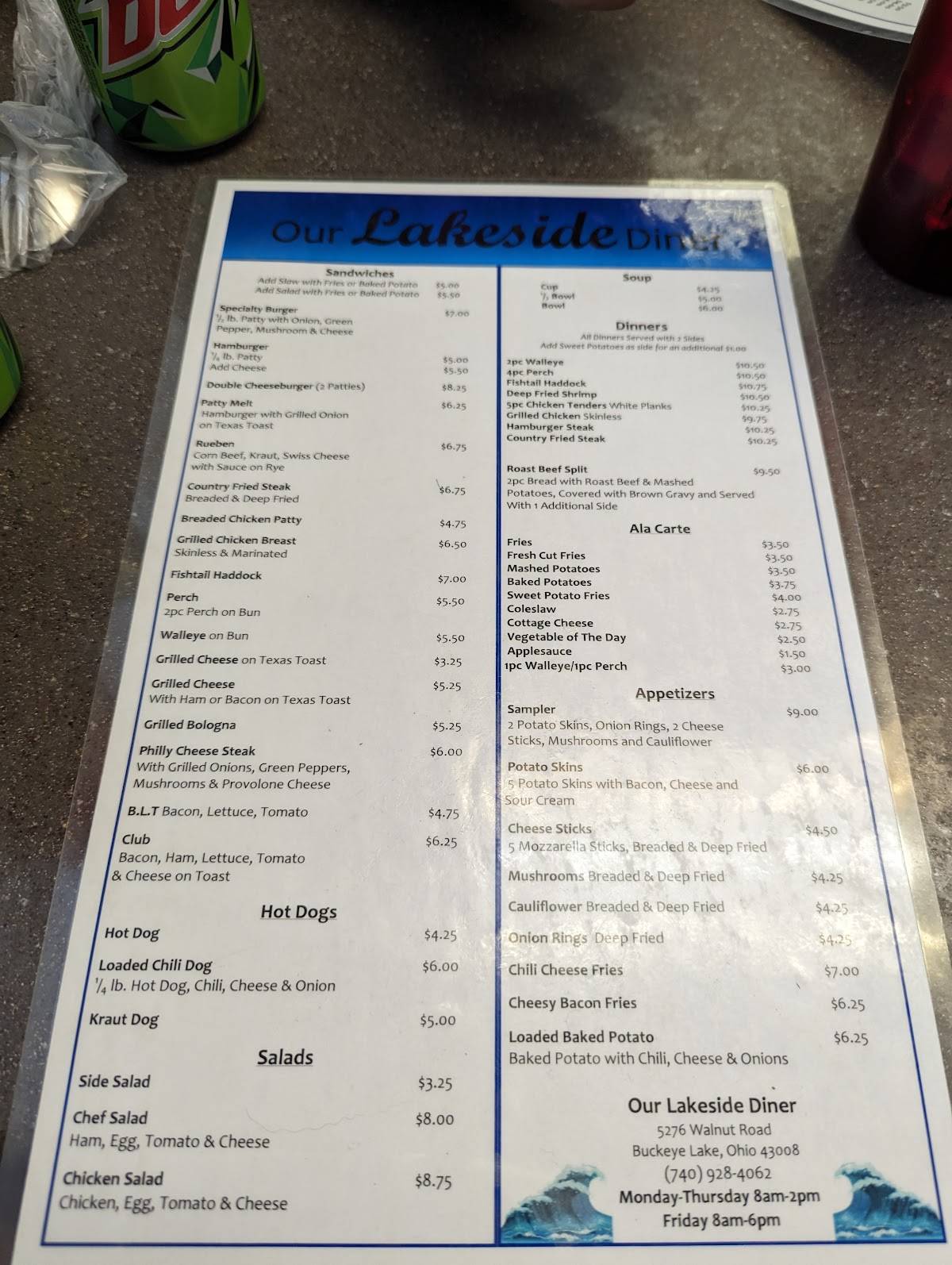 Menu at Our Lakeside Diner restaurant, Buckeye Lake, Walnut Rd