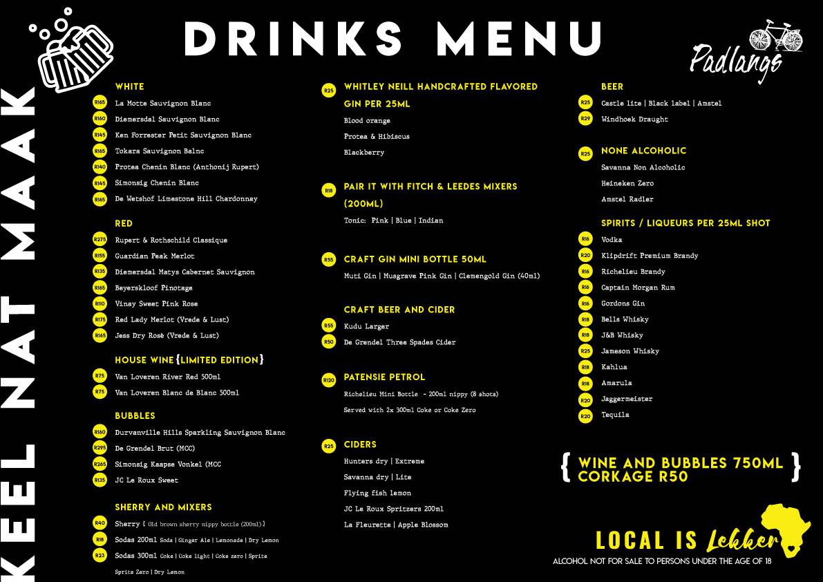 Menu at Padlangs Country Restaurant - Patensie, South Africa