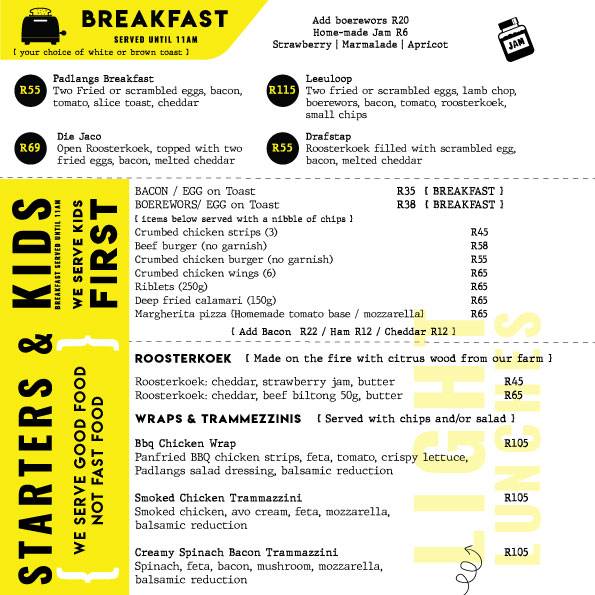 Menu at Padlangs Country Restaurant - Patensie, South Africa