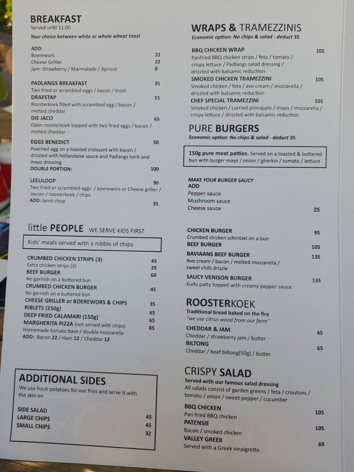 Menu at Padlangs Country Restaurant - Patensie, South Africa