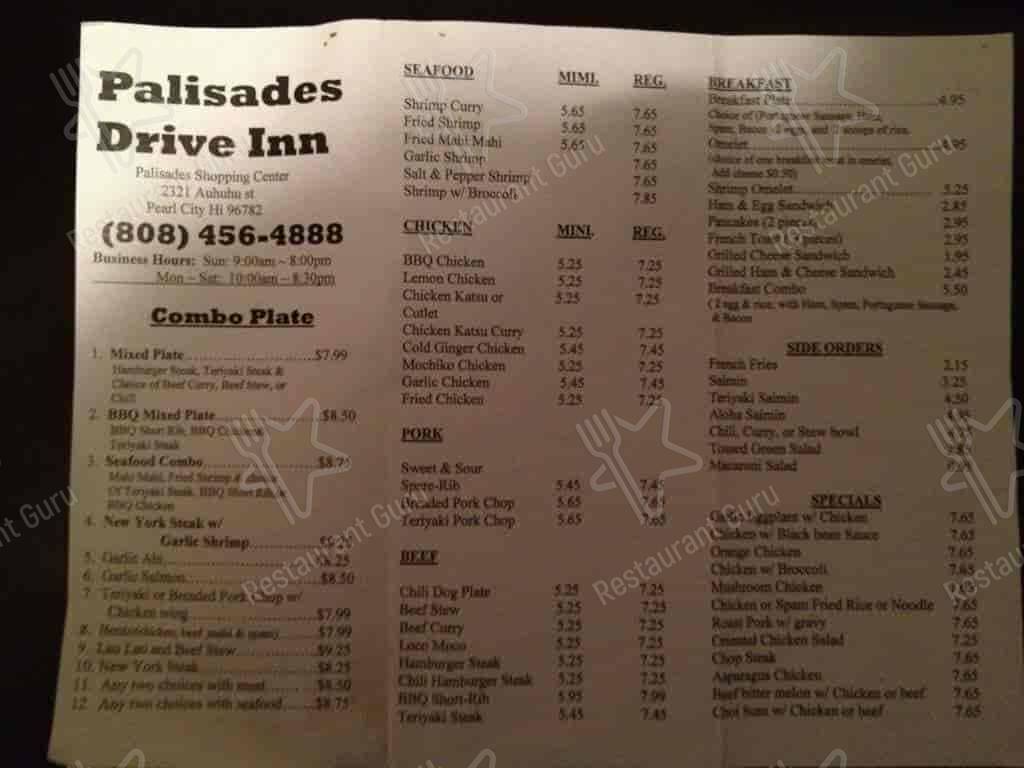 Menu at Palisades Drive Inn BBQ, Pearl City, Auhuhu St