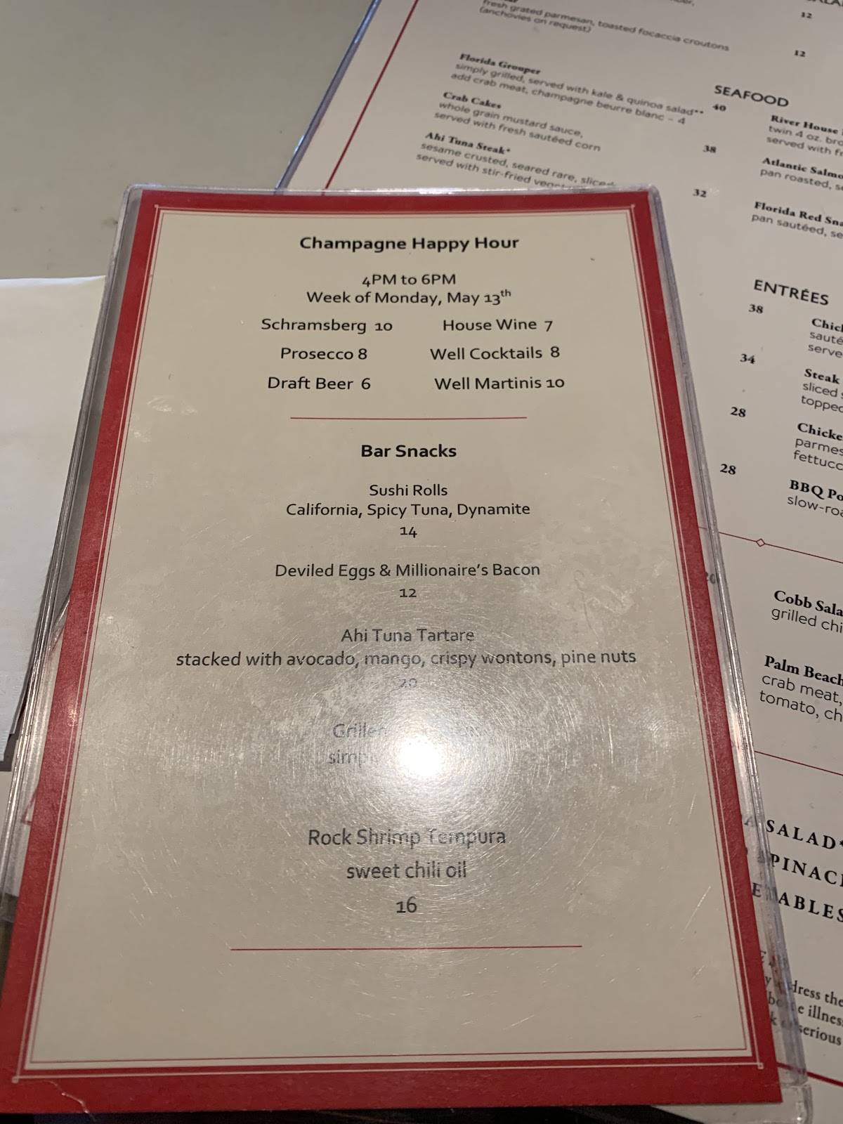 Menu at the River House restaurant, Palm Beach Gardens, PGA Boulevard