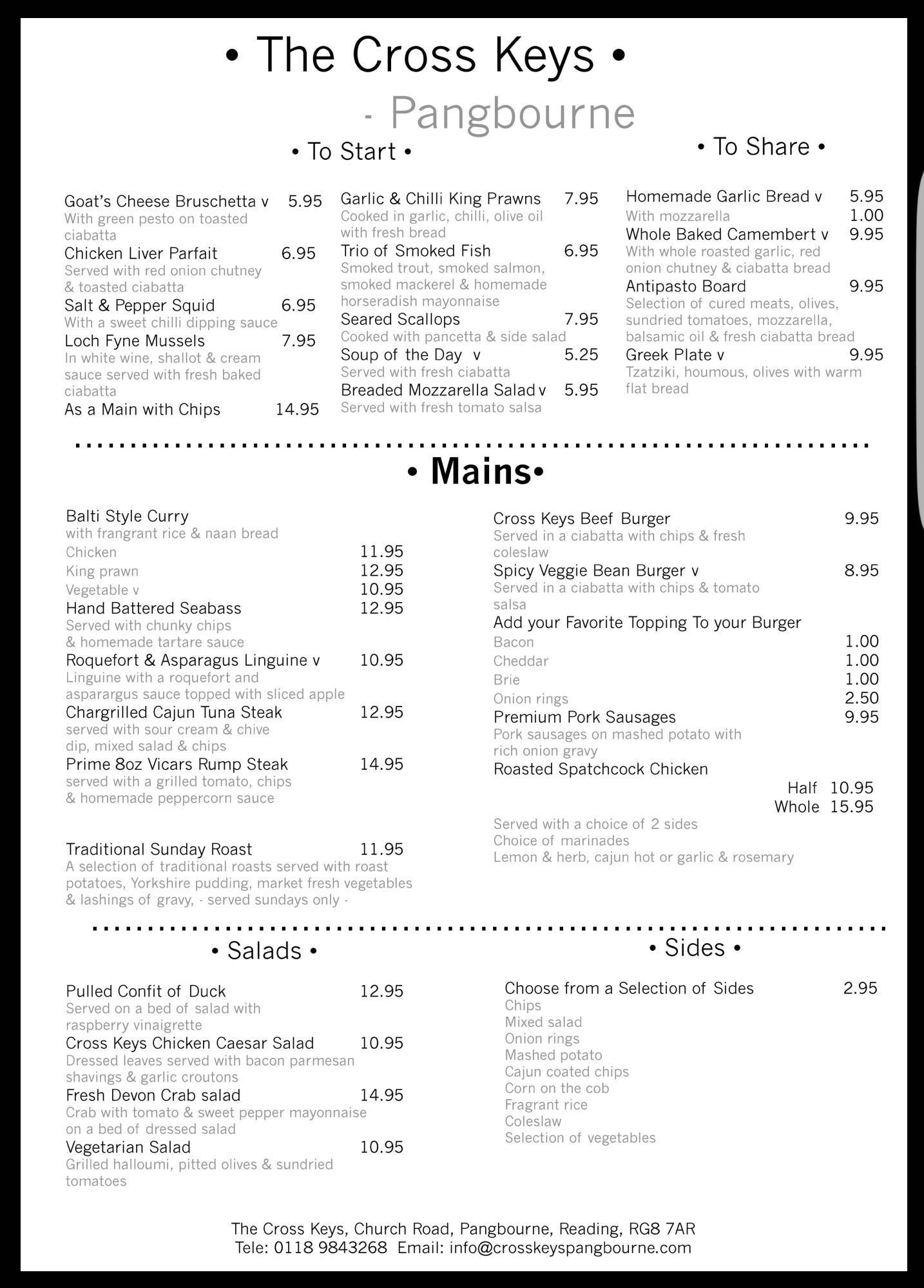 Menu at The Cross Keys pub & bar, Reading