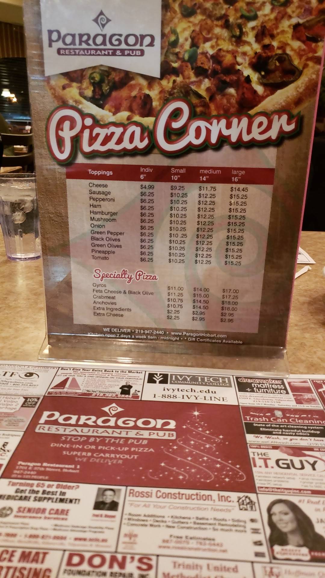 Menu at Paragon Restaurant, Hobart, E 37th Ave