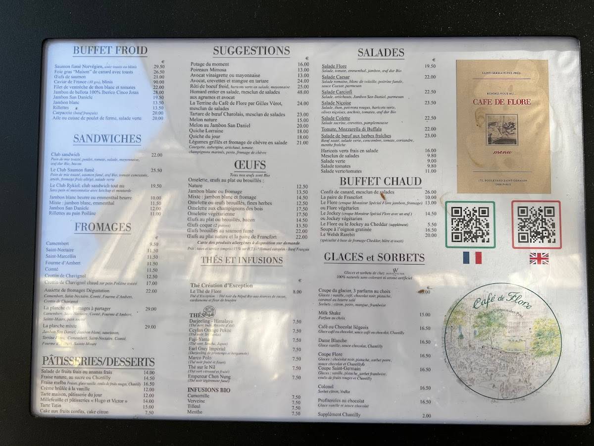 Menu at Café de Flore, Paris, 172 Bd Saint-Germain