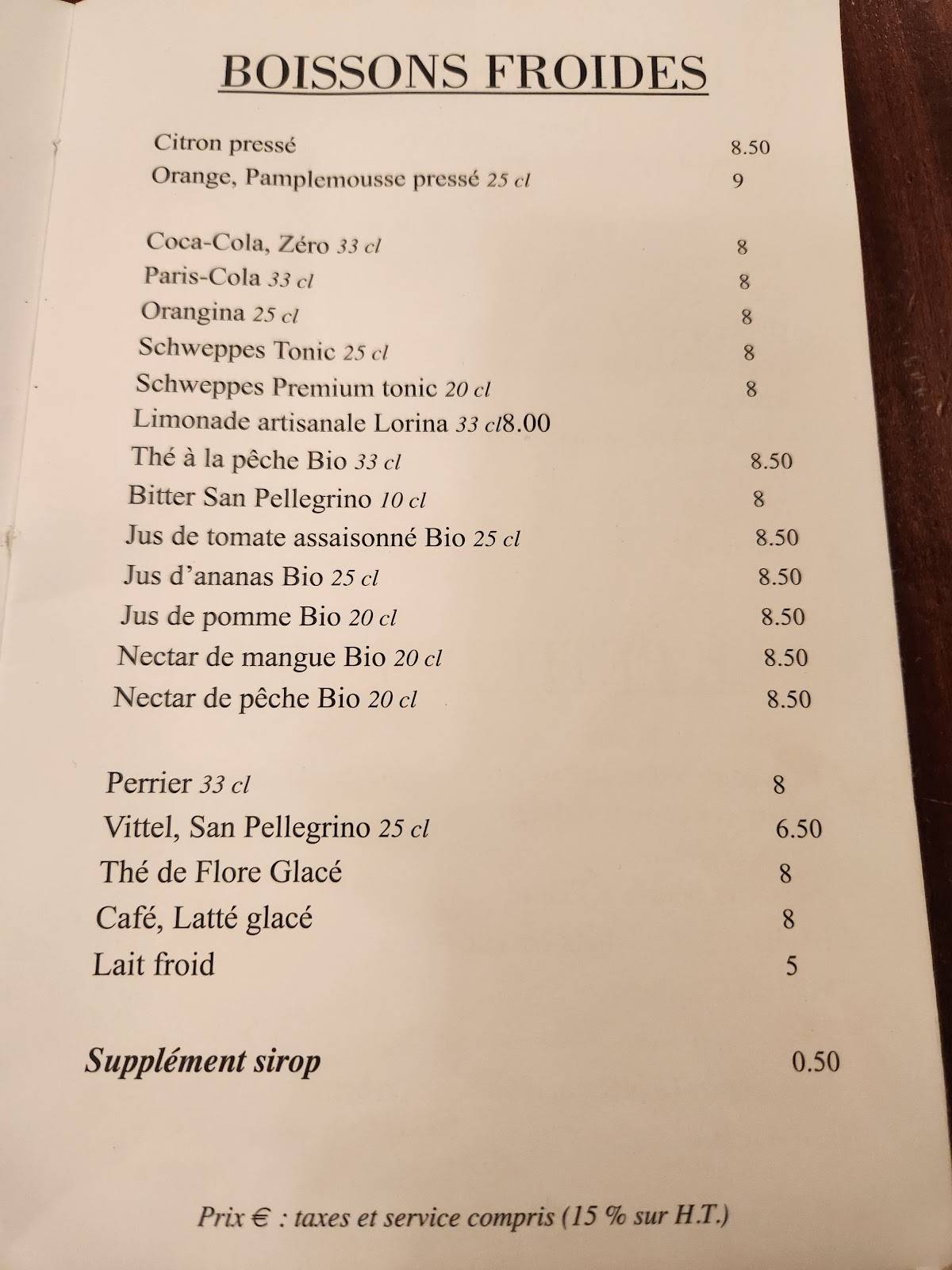 Menu at Café de Flore, Paris, 172 Bd Saint-Germain