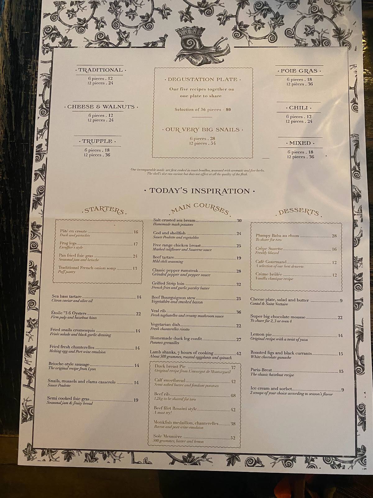 Menu at L'Escargot restaurant, Paris, 38 Rue Montorgueil