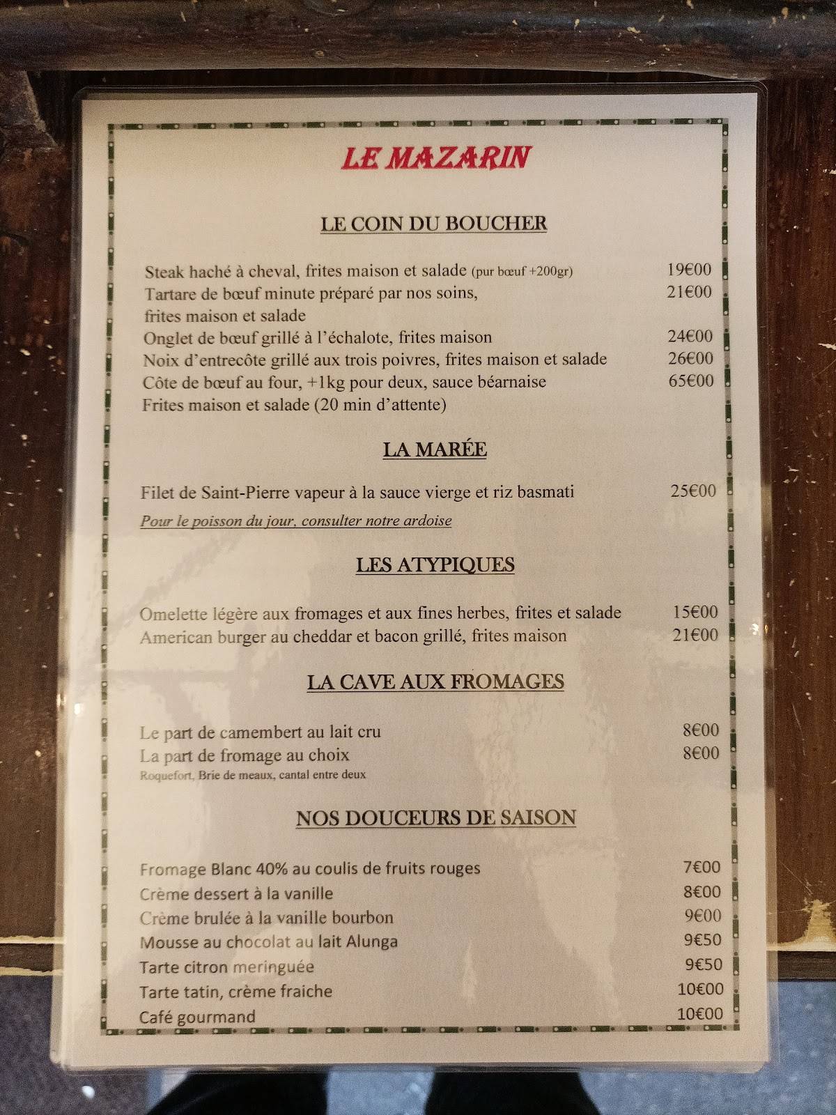 Menu at Le Mazarin restaurant, Paris