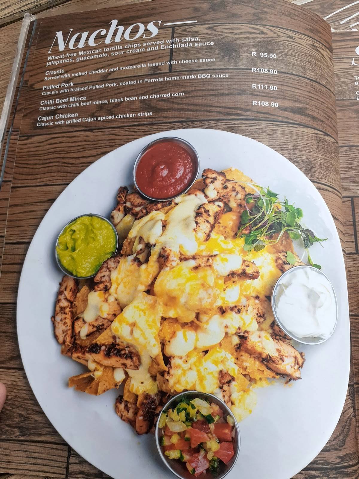 Menu at Parrots restaurant, Pretoria, Atterbury Road