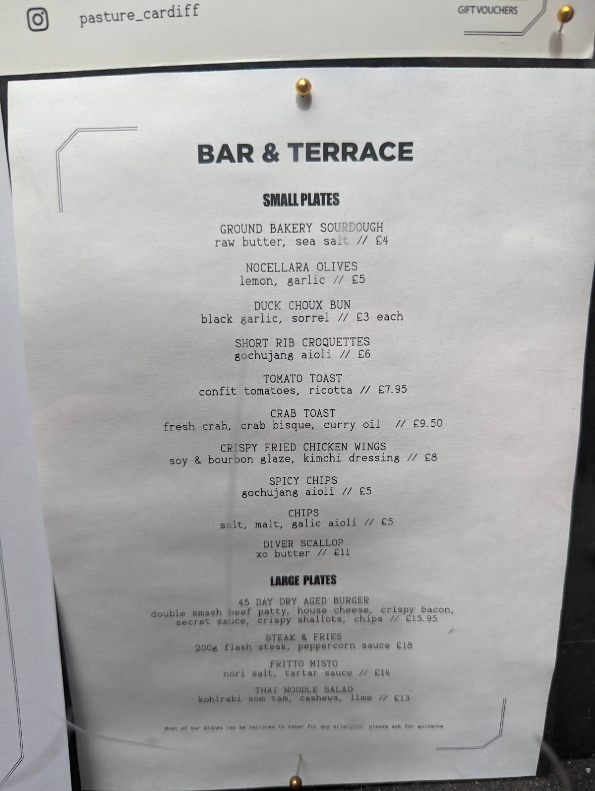 Menu at Pasture Restaurant Cardiff, Cardiff