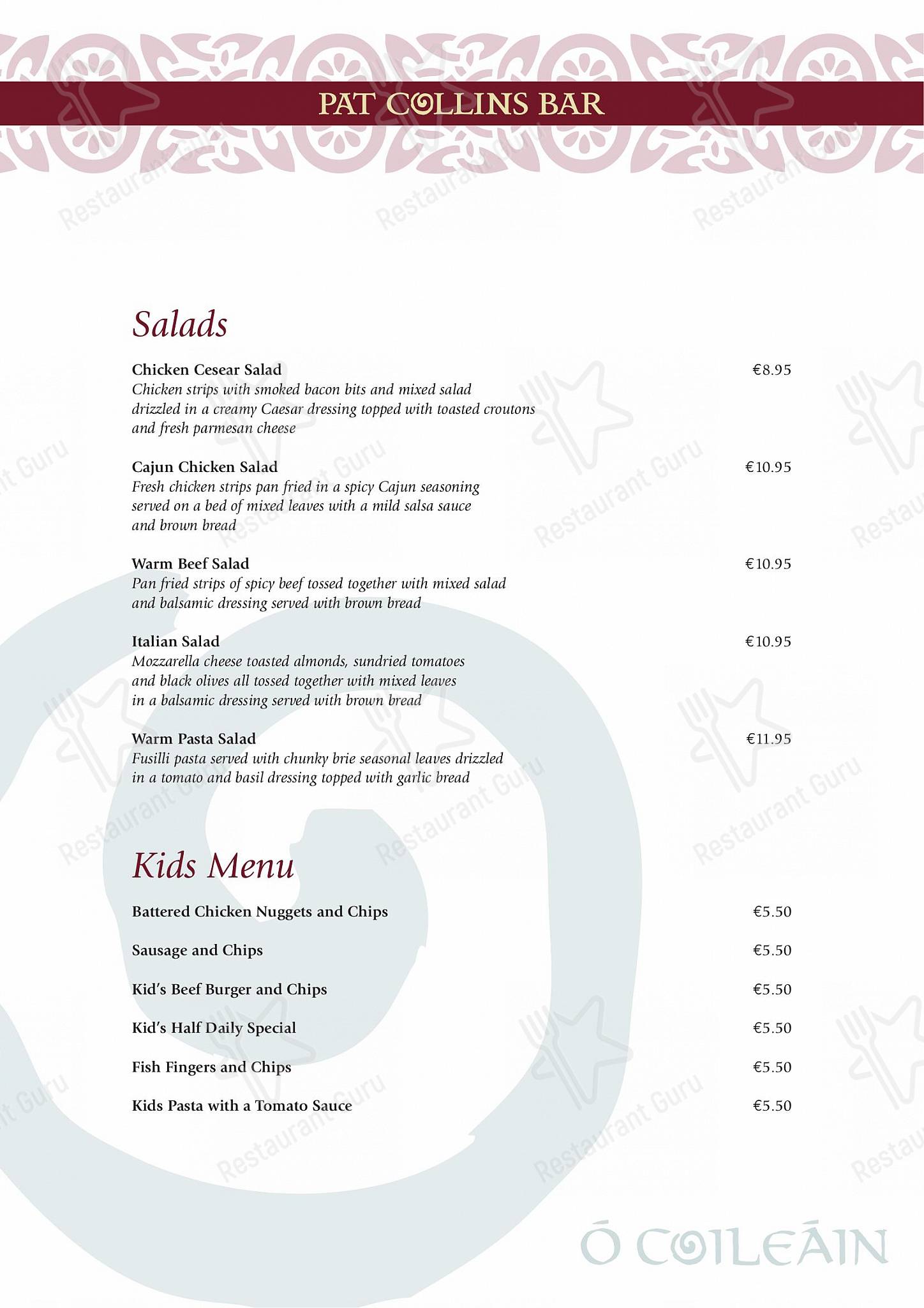 Menu at Pat Collins Bar, Adare