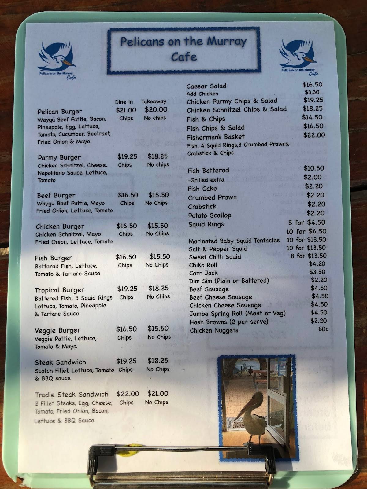 Menu at Pelicans on the Murray Cafe, South Yunderup