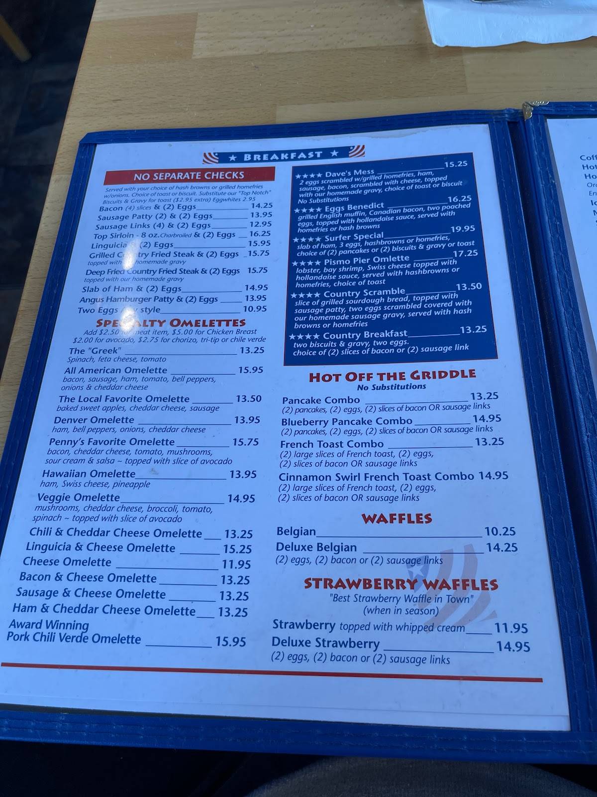 Menu at Penny's All American Cafe, Pismo Beach, Price St