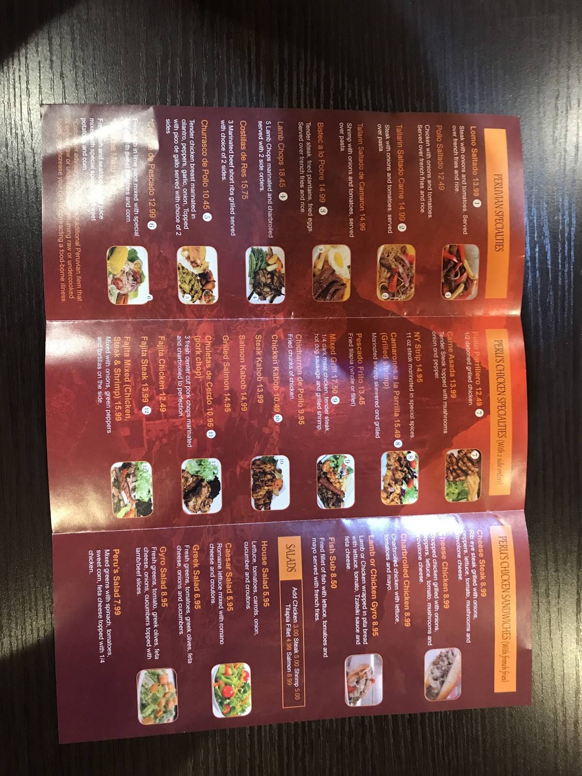 Menu at Peru's Chicken restaurant, Mitchellville