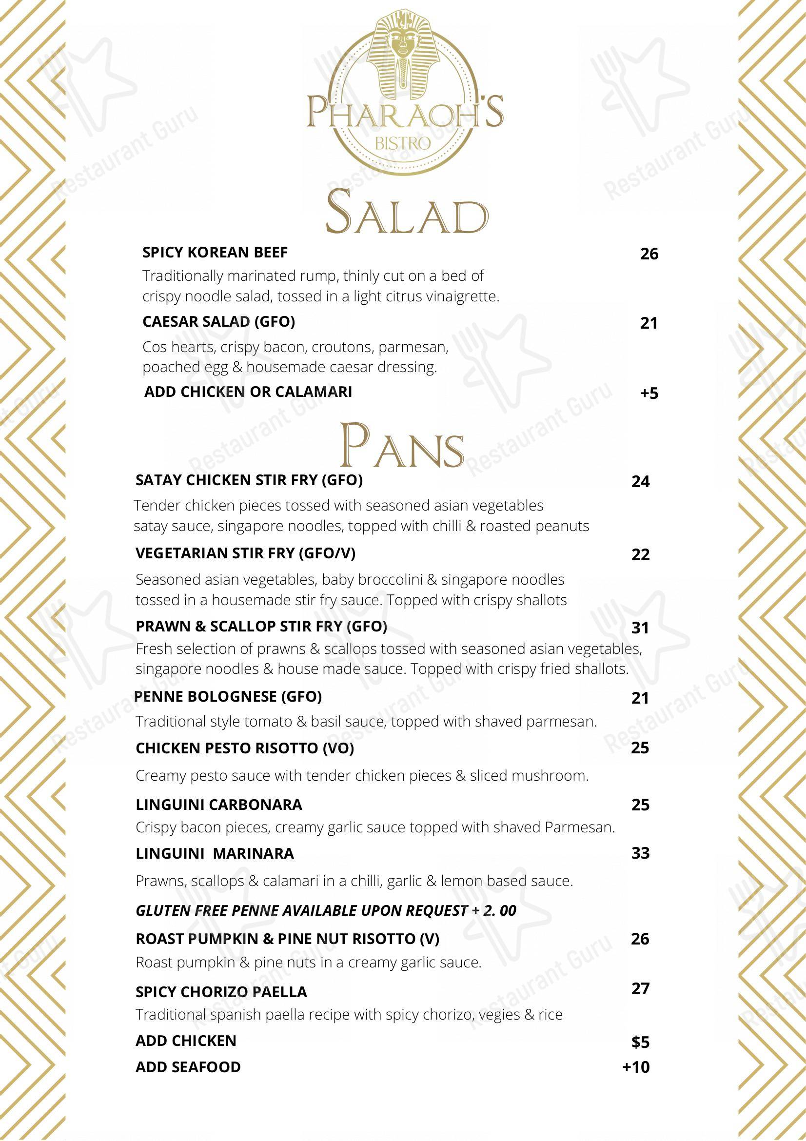 Menu at Pharaoh's Bistro pub & bar, North Geelong