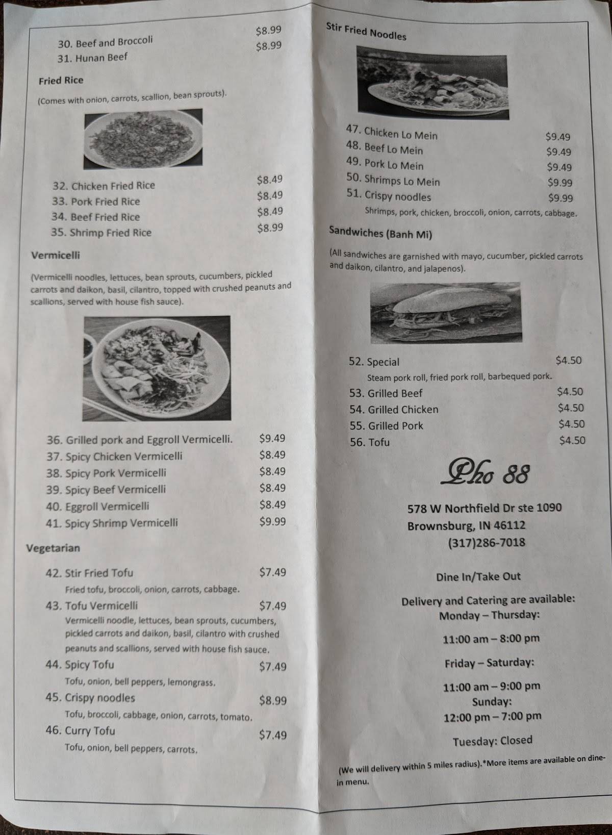 Menu at Pho 88 (Shiba Pho) restaurant, Brownsburg