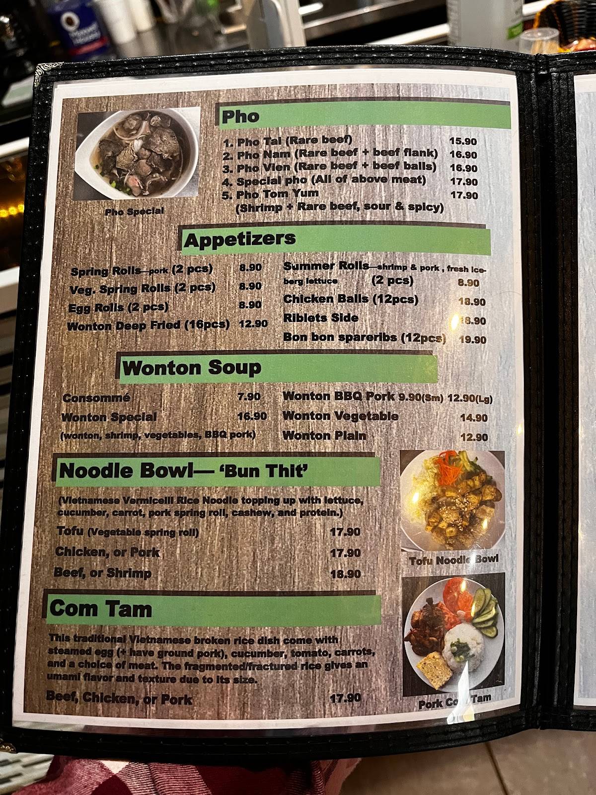 Menu at Pho Umami restaurant, Thunder Bay