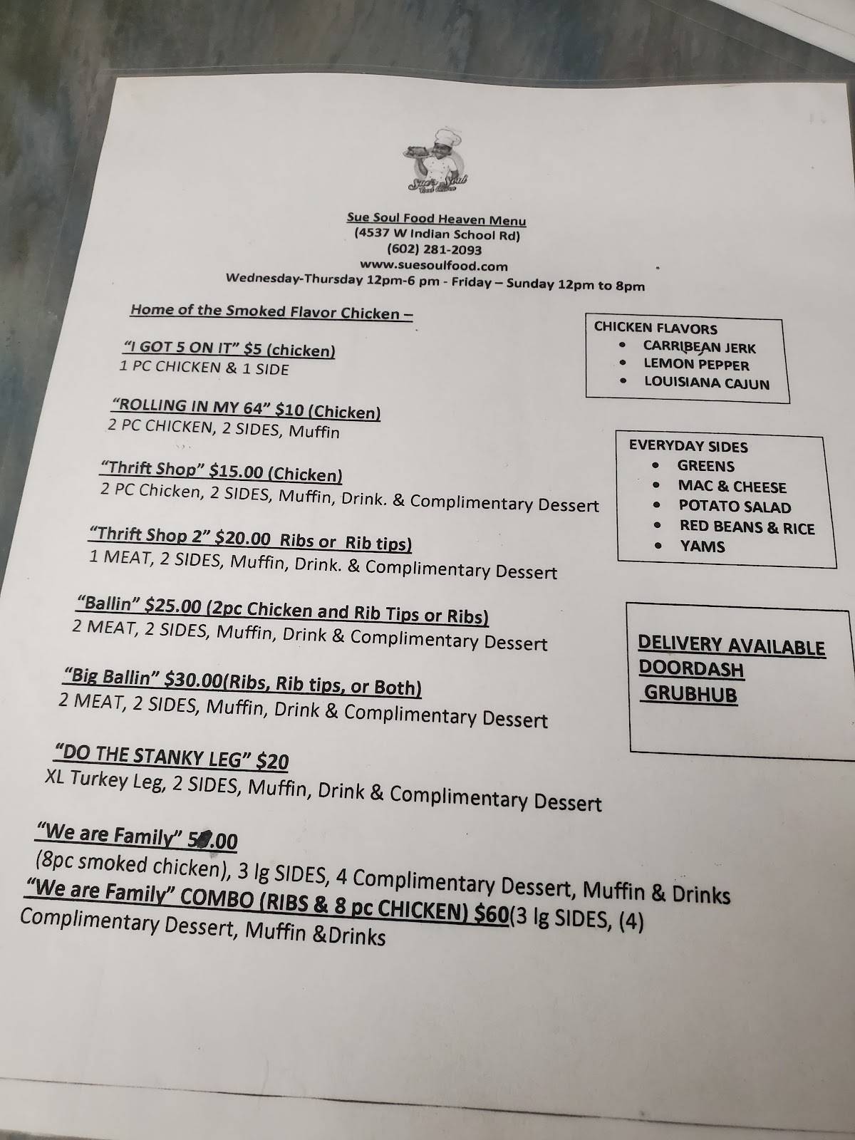 Menu at Sue Soul Food Heaven restaurant, Phoenix
