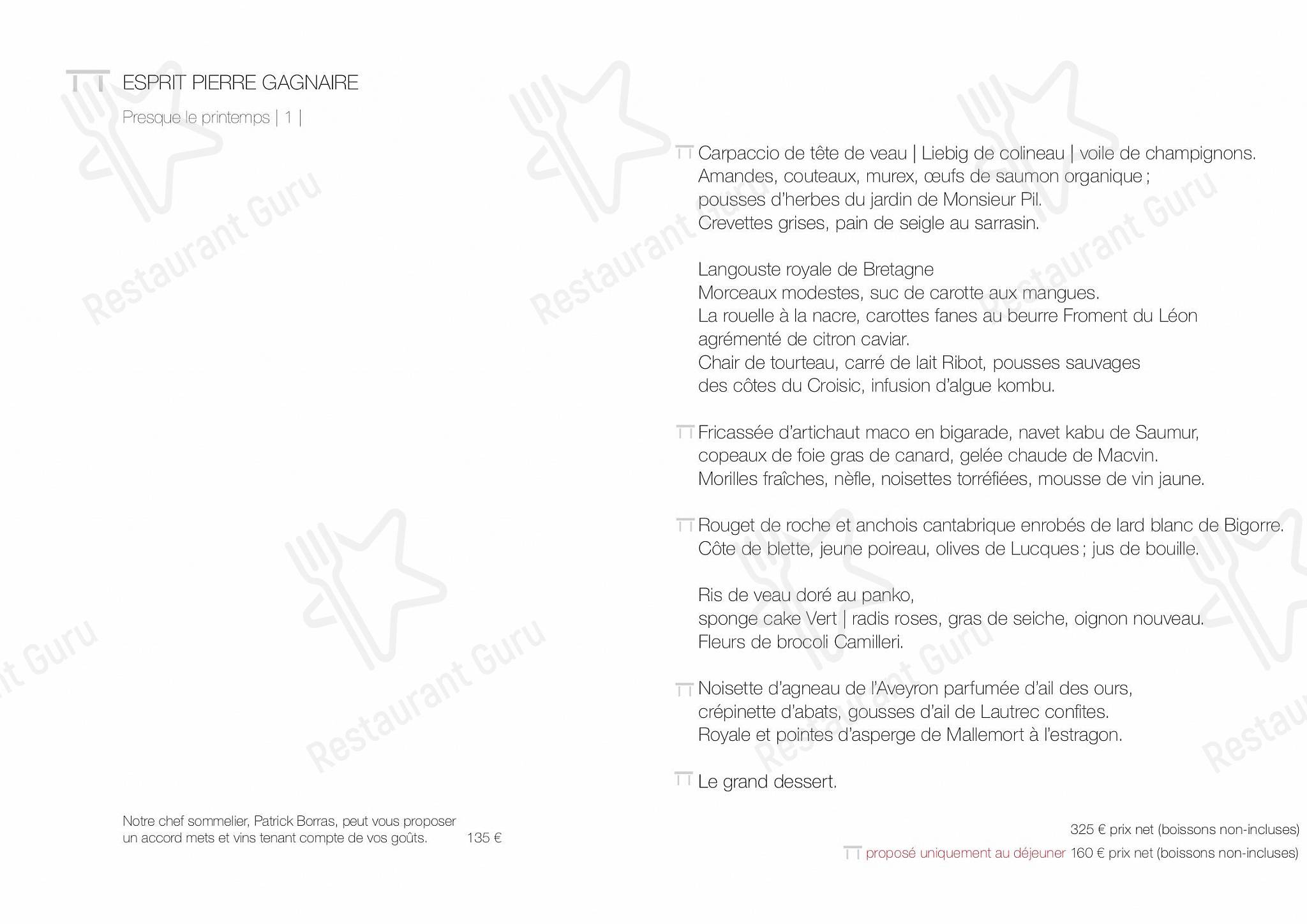 Carta del restaurante Pierre Gagnaire, Paris
