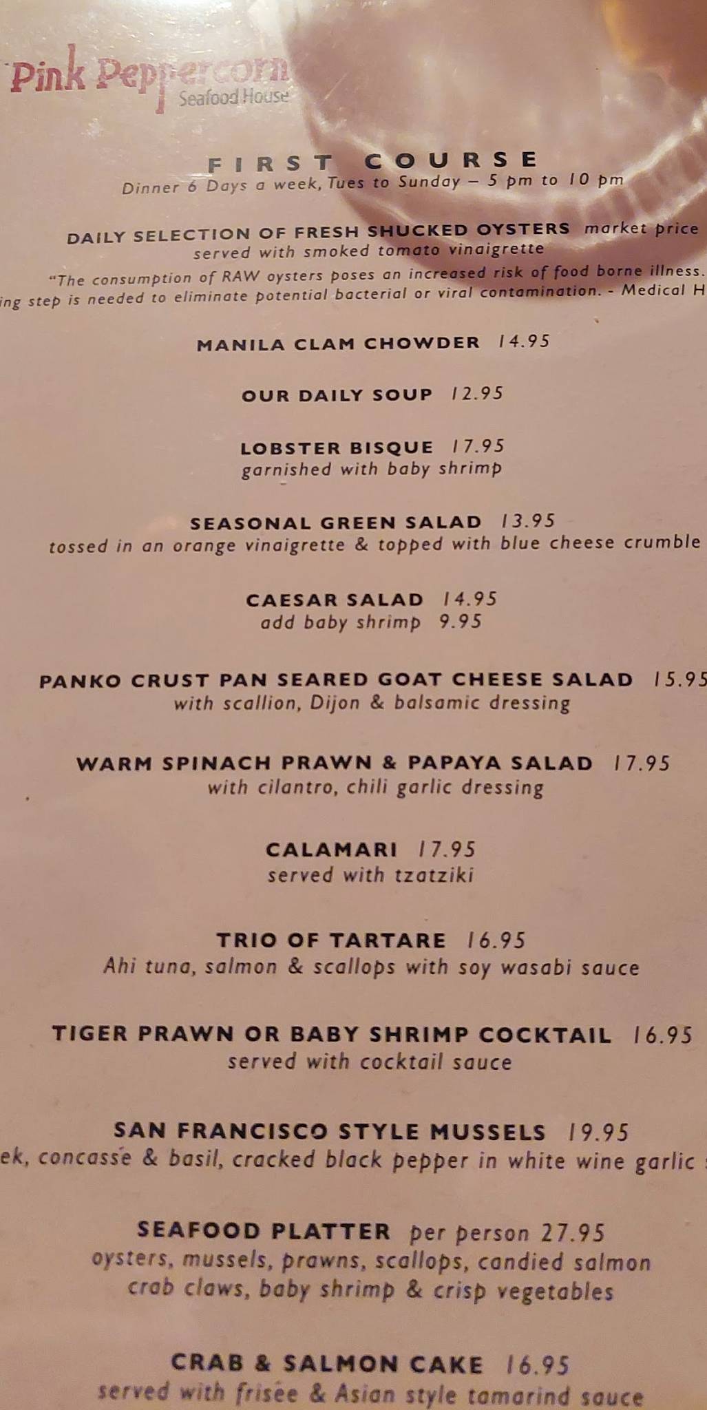Menu at Pink Peppercorn Seafood House restaurant, Vancouver