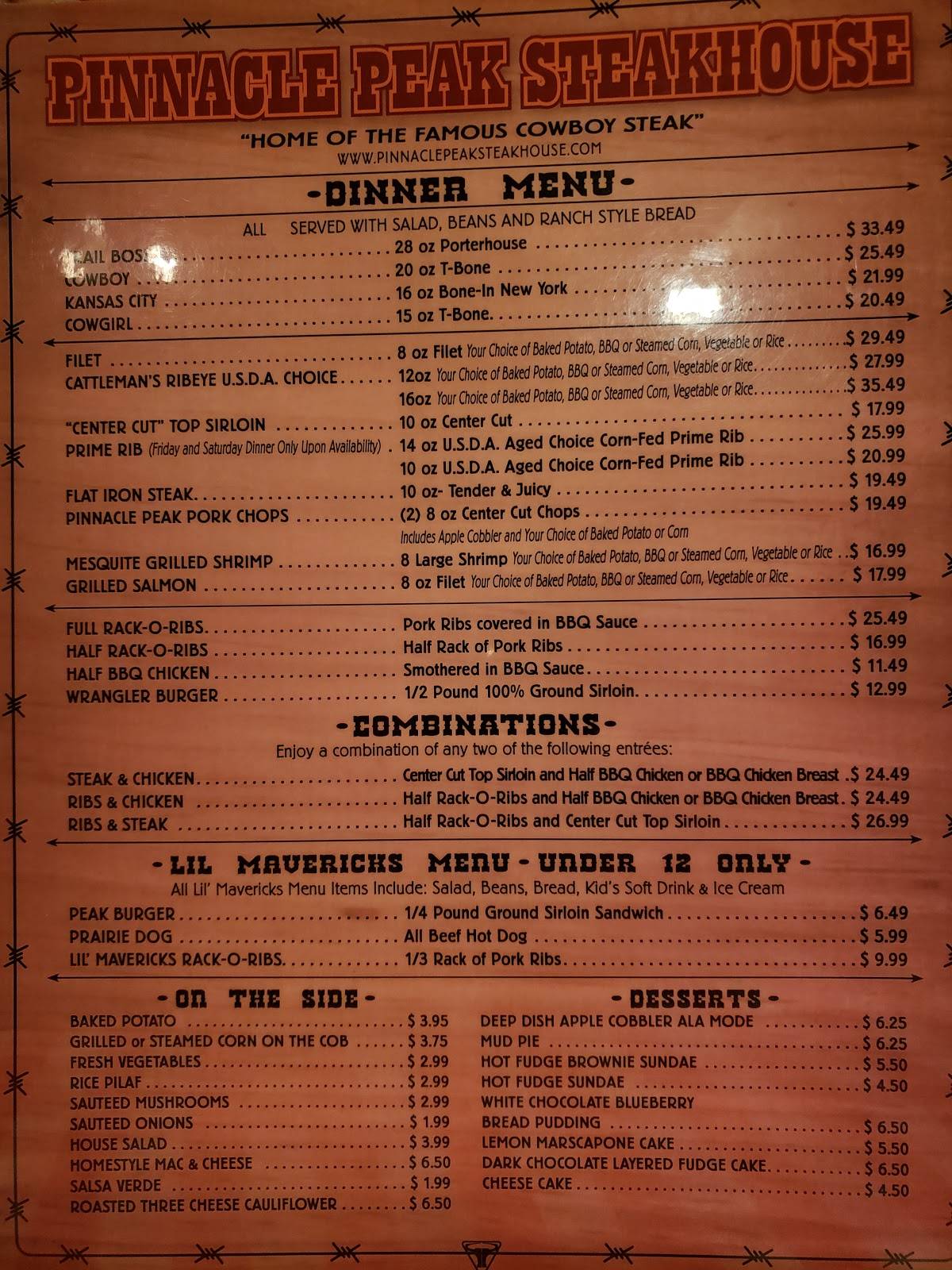 Menu at Pinnacle Peak Steakhouse, San Dimas
