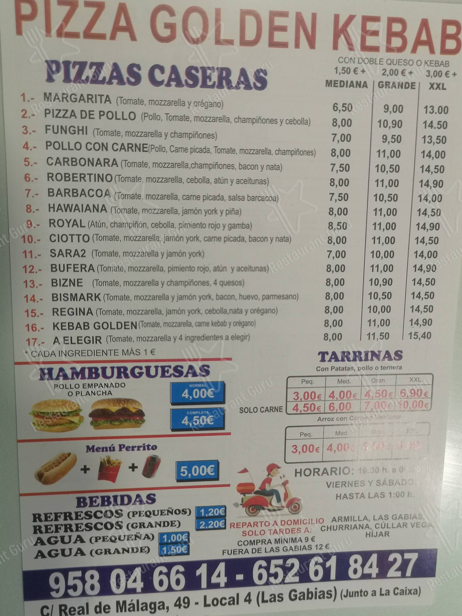 Carta del restaurante Pizza Golden Kebab, Las Gabias