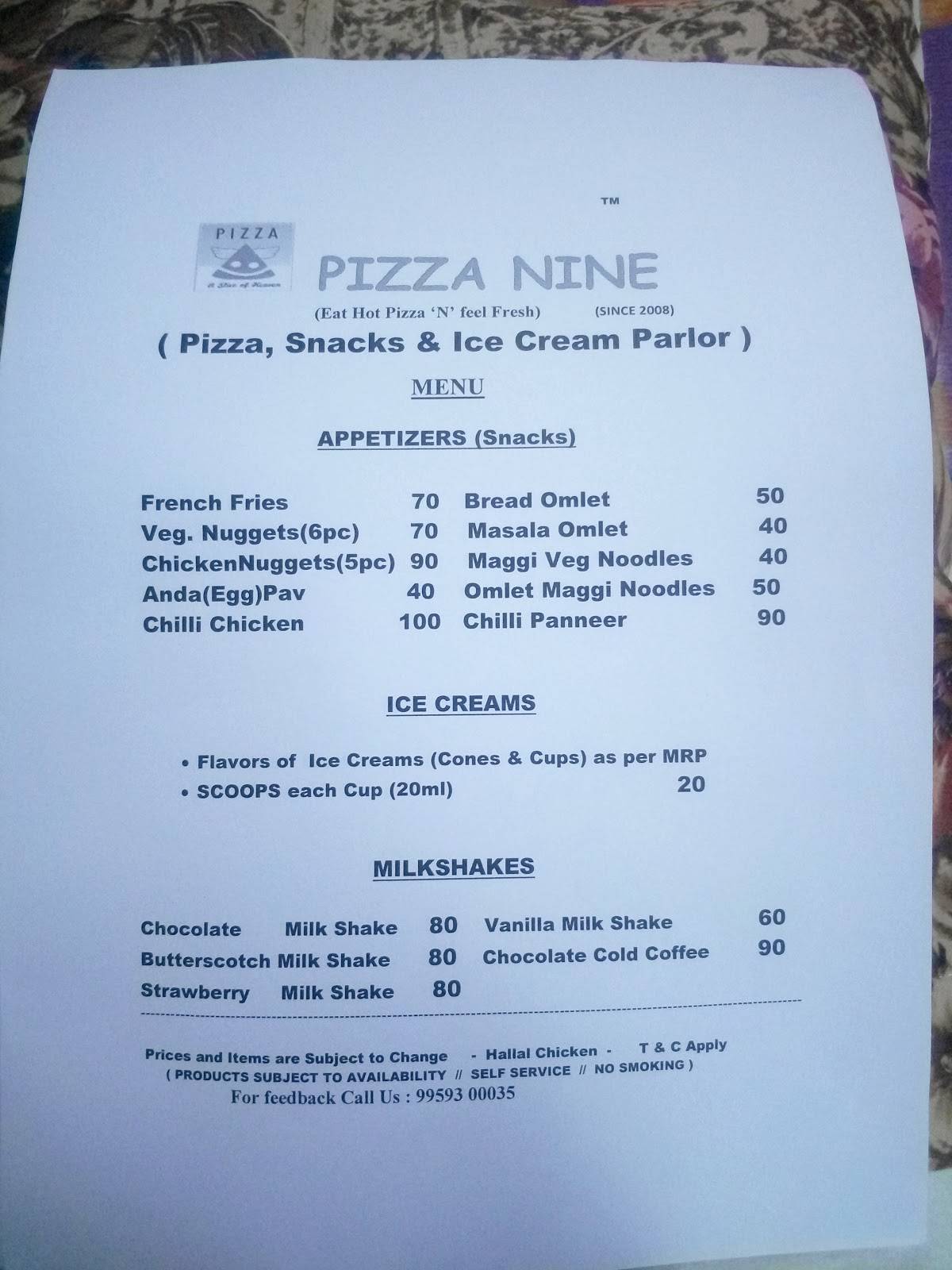 Menu at Pizza Nine, Hyderabad, Western Hills