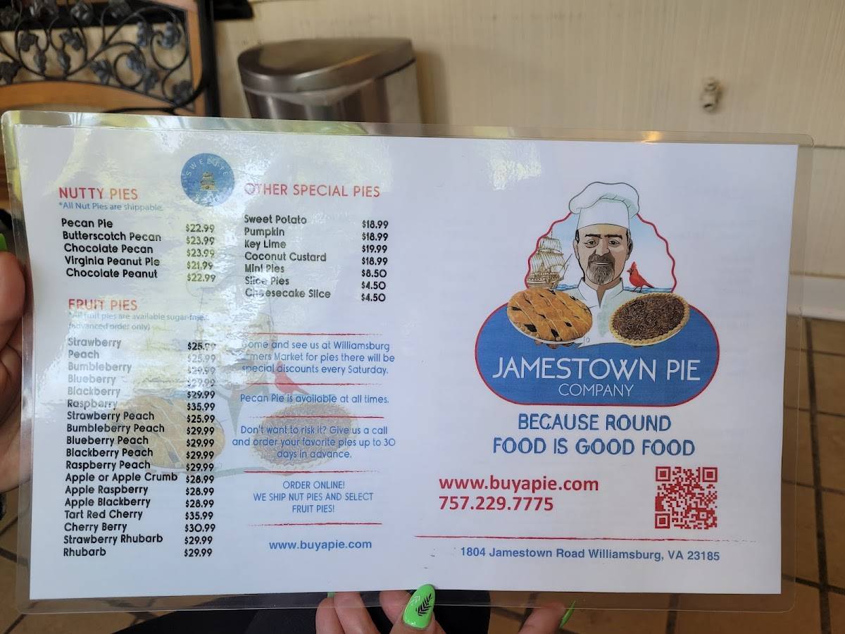 Menu at Jamestown Pie Company pizzeria, Williamsburg, Jamestown Rd