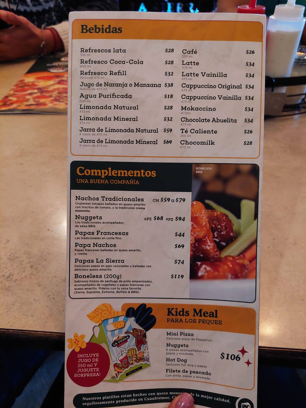 Carta de Pizzería La Sierra, Ciudad Cuauhtemoc, Carretera a Rubio Km. 6
