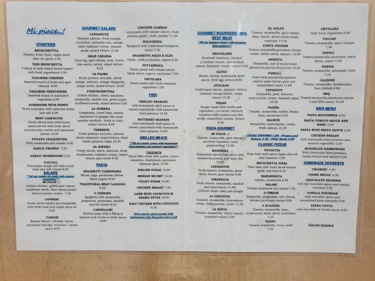 Menu at Mi Piace pizzeria, Costa Teguise, C. las Acacias