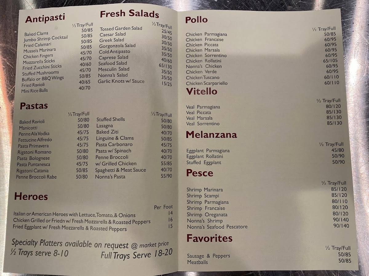 Menu at Nonna Bella's pizzeria, North Babylon