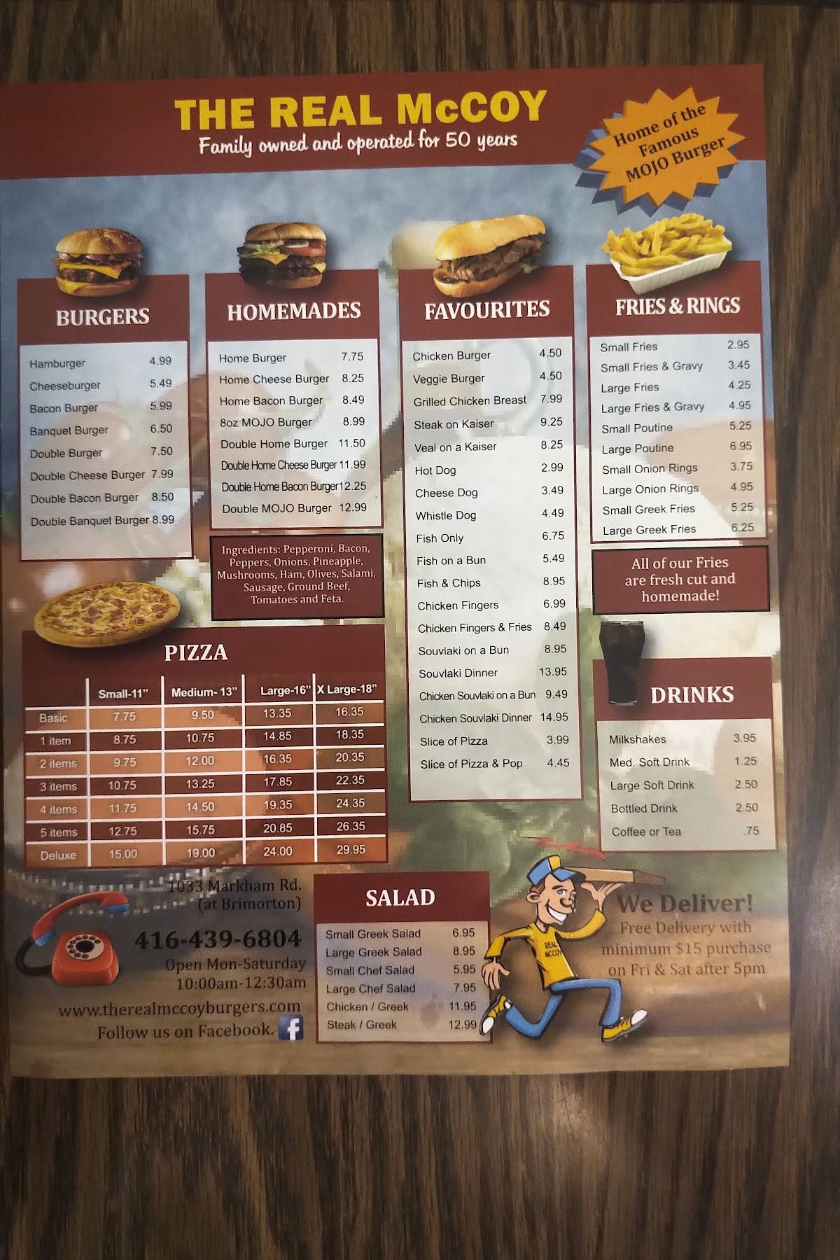 Menu at The Real McCoy pizzeria, Toronto, Lawrence Ave E